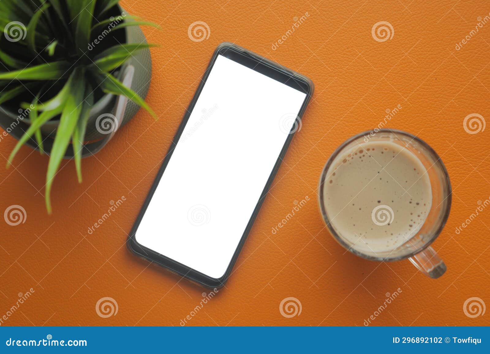 Smart Phone with Empty White Screen and Cup of Coffee on Table Stock ...