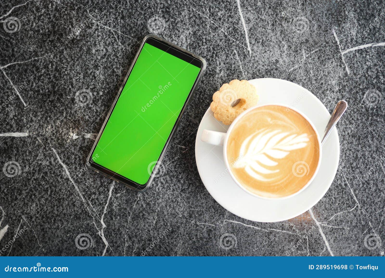 Smart Phone with Green Screen and Cup of Coffee on Table Stock Photo ...