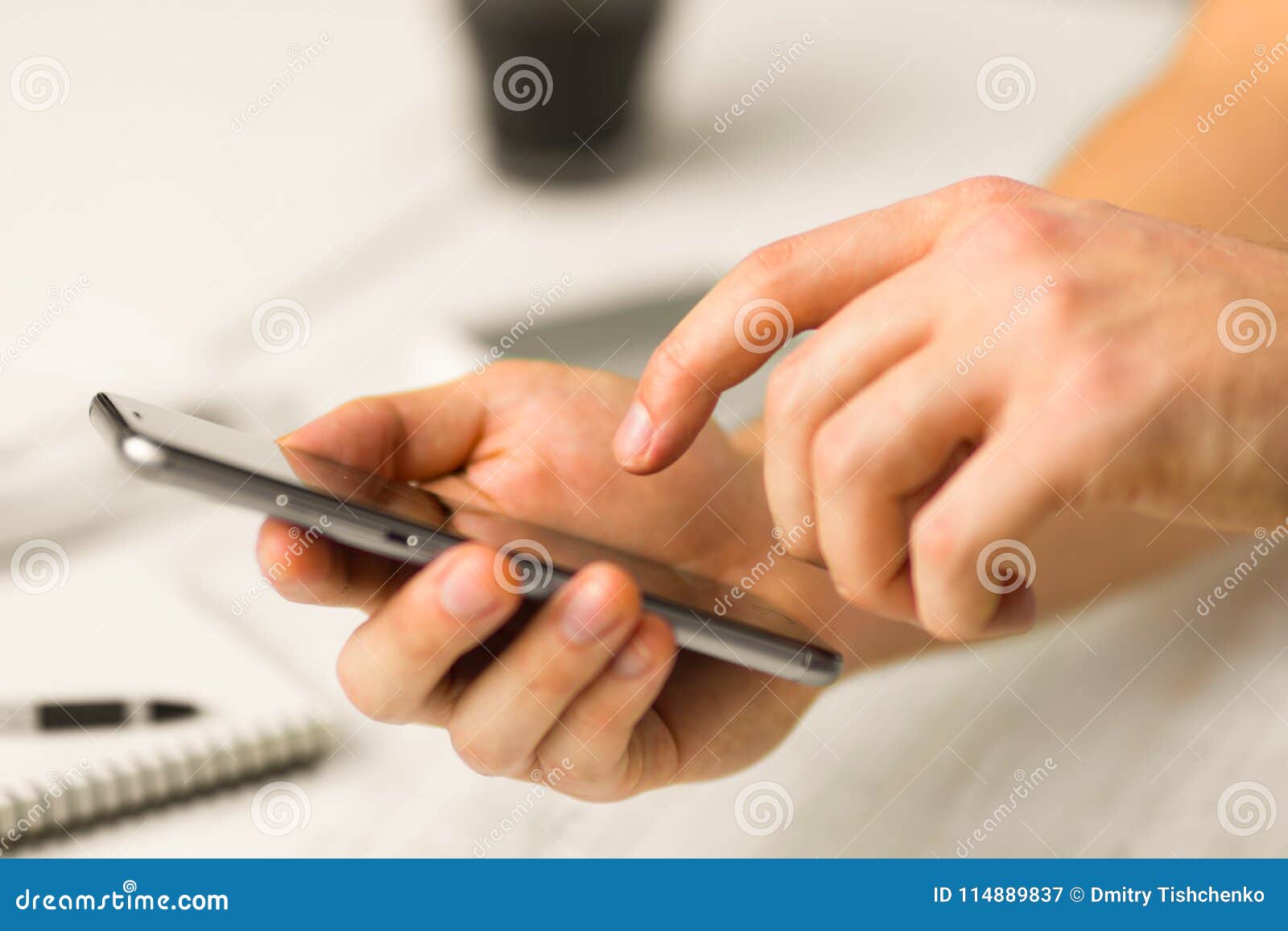 Smart Phone Hands in Man Using Smartphone in Cafe a Touch Screen Stock ...