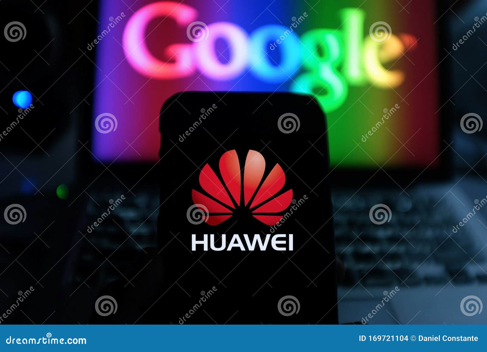 Smart Phone with the Huawei Logo, and Computer with the Google Logo ...