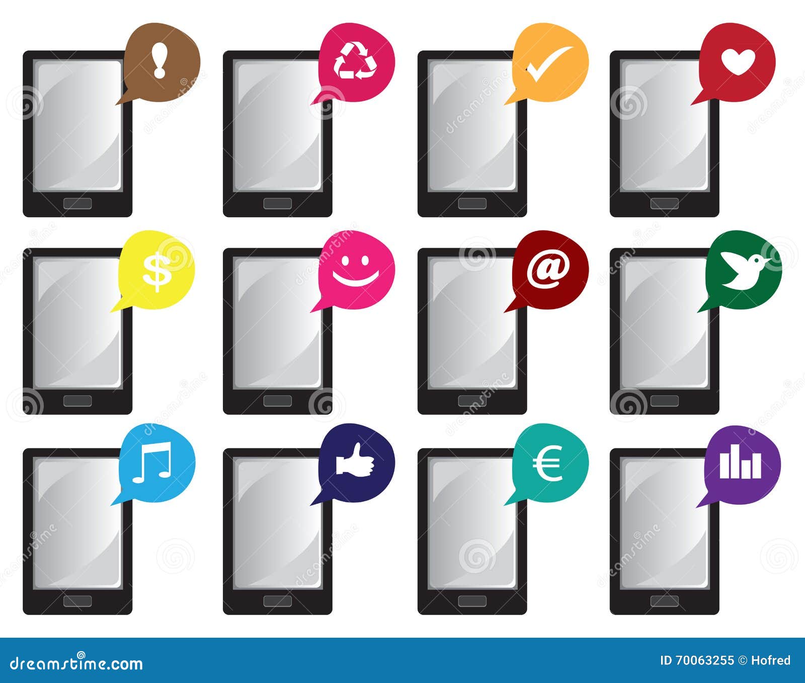 Smart Phone Vector Icons with Internet Symbols in Speech Bubbles Stock ...