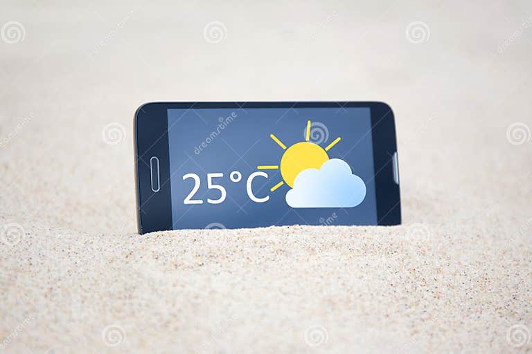 Smart Phone with Weather Forecast on Screen in Sand Stock Photo - Image ...
