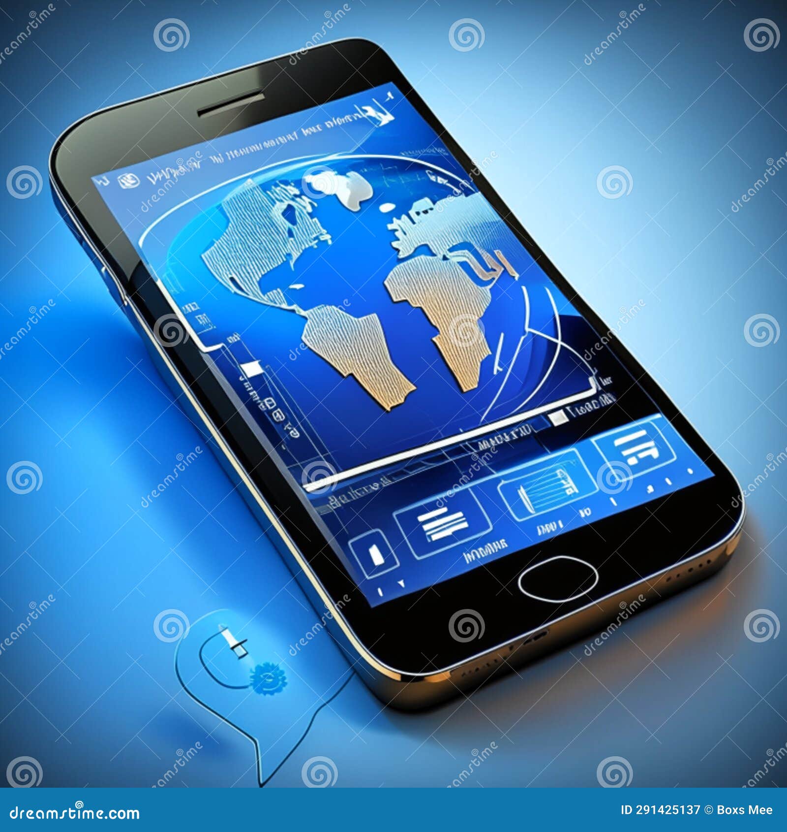 Smart Phone with World Map on a Blue Background. 3d Rendering ...