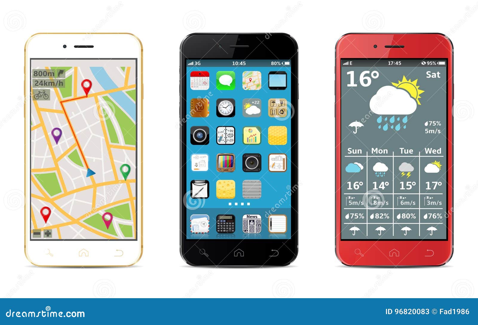 Smart Phones with Apps Icons, Weather and GPS Navigation Widgets, Stock ...