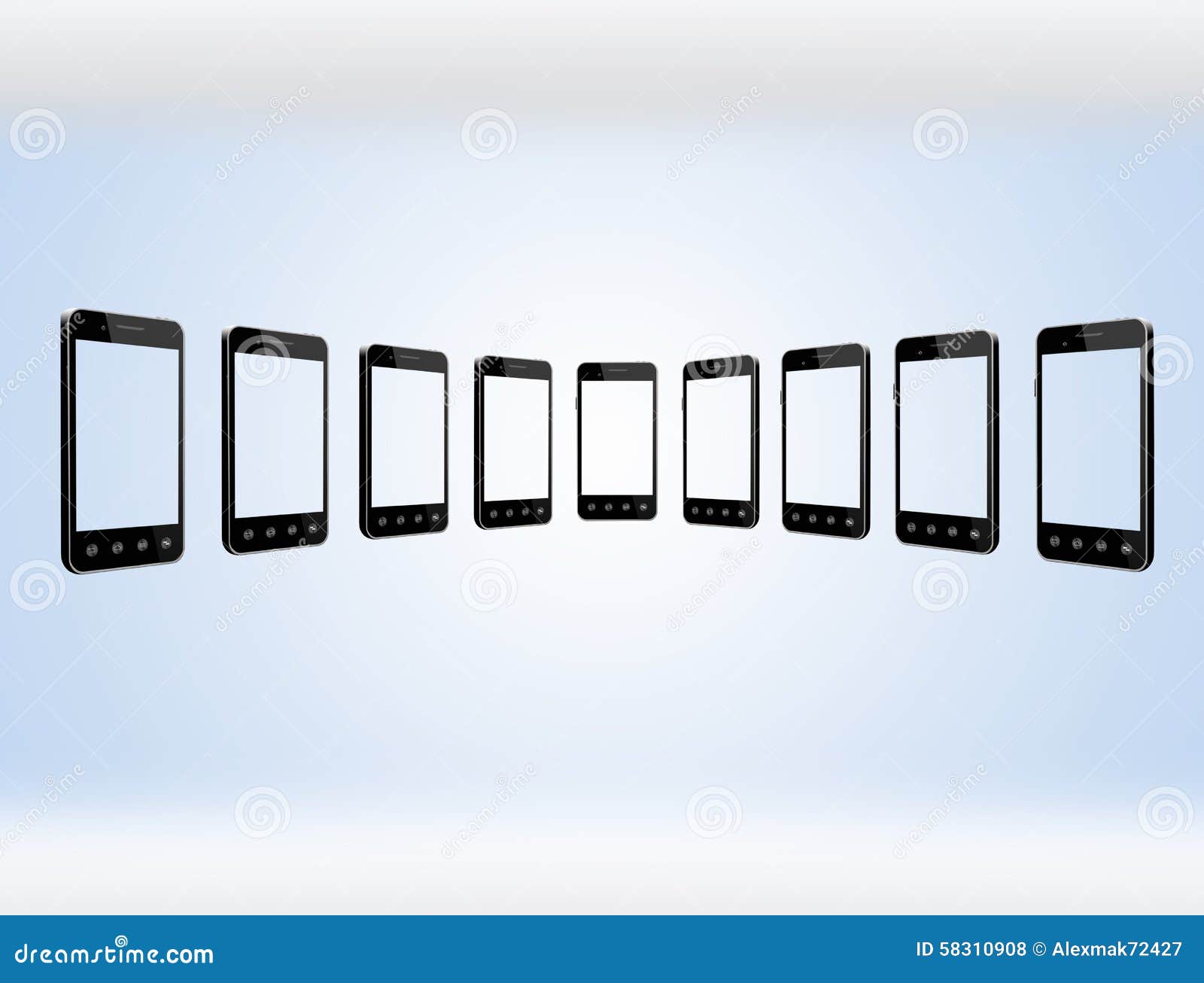 Smart-phones in Row on the Light Blue Gradient Background Stock ...