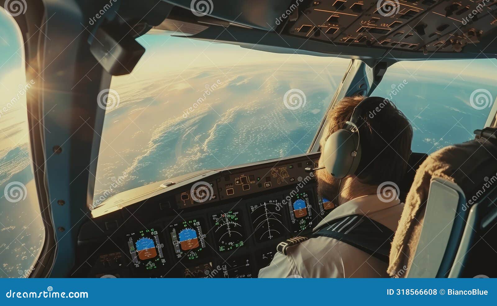 Smart Pilot Sitting at Plane and Looking at Control Panel in Flight ...