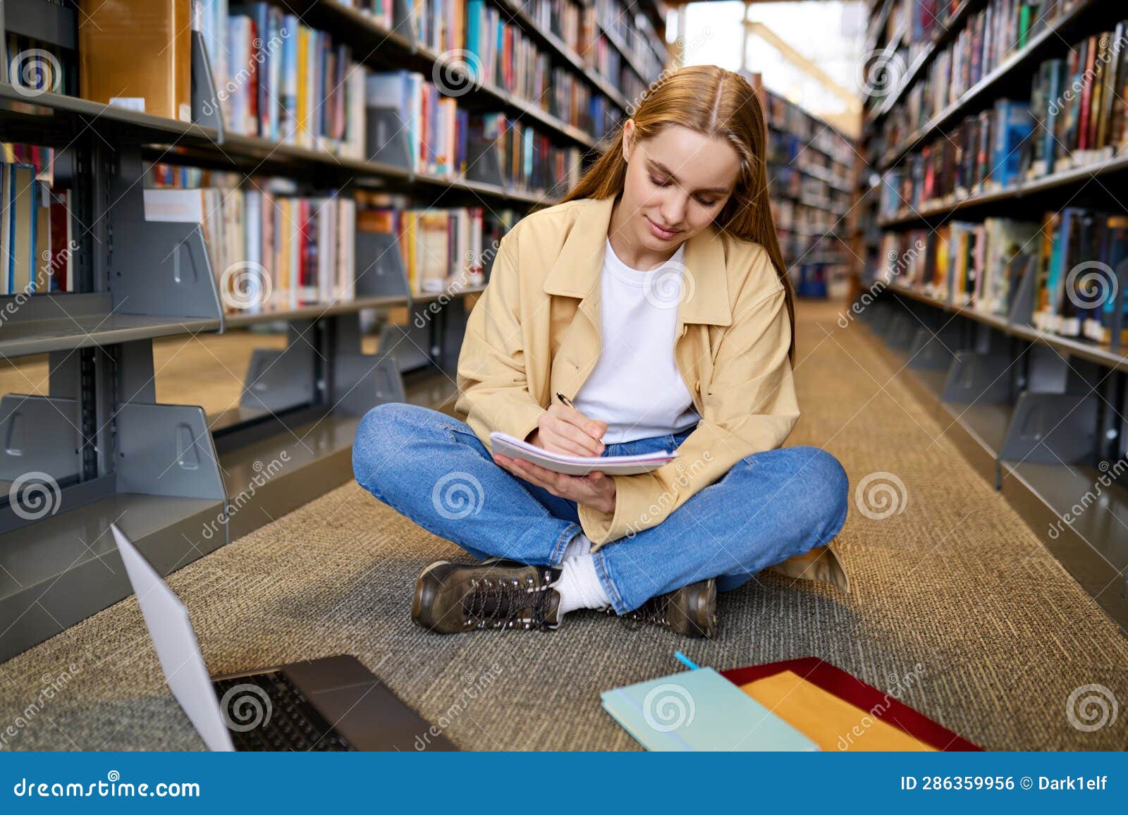 Girl Student Using Laptop Elearning Sitting in University Library on ...