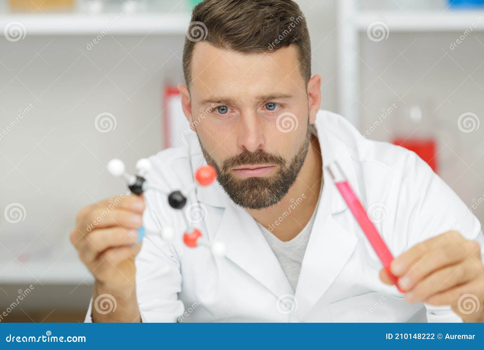 Smart Professional Researcher Studying Dna Model Stock Photo - Image of ...