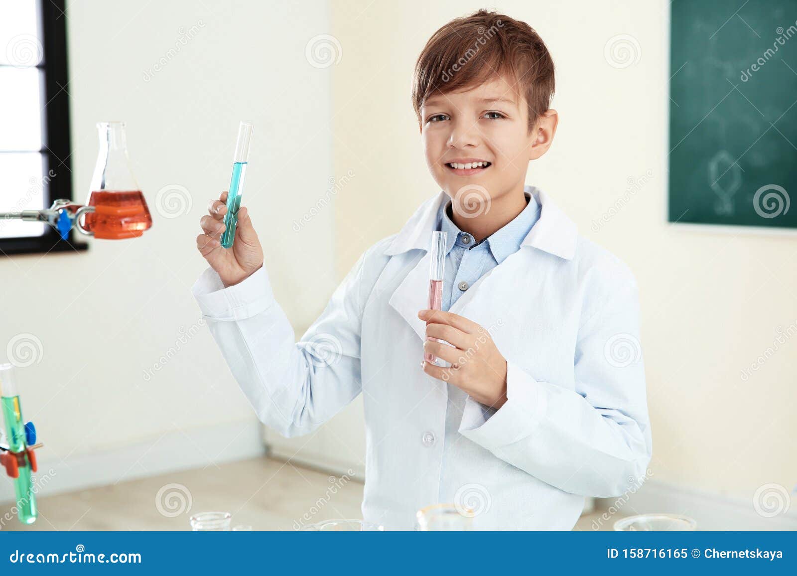 Smart Pupil with Test Tubes in Class Stock Image - Image of background ...