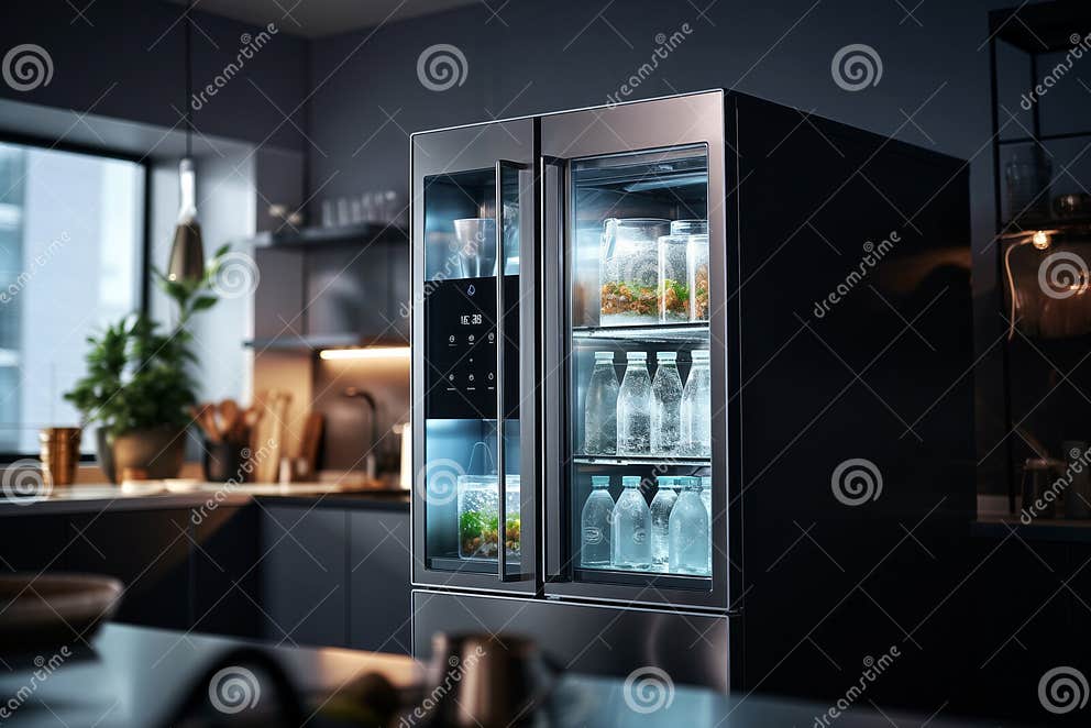 Smart Refrigerator with Touchscreen. Background with Selective Focus ...
