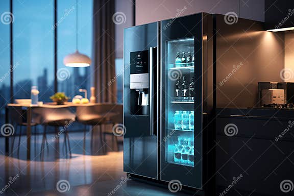 Smart Refrigerator with Touchscreen. Background with Selective Focus ...
