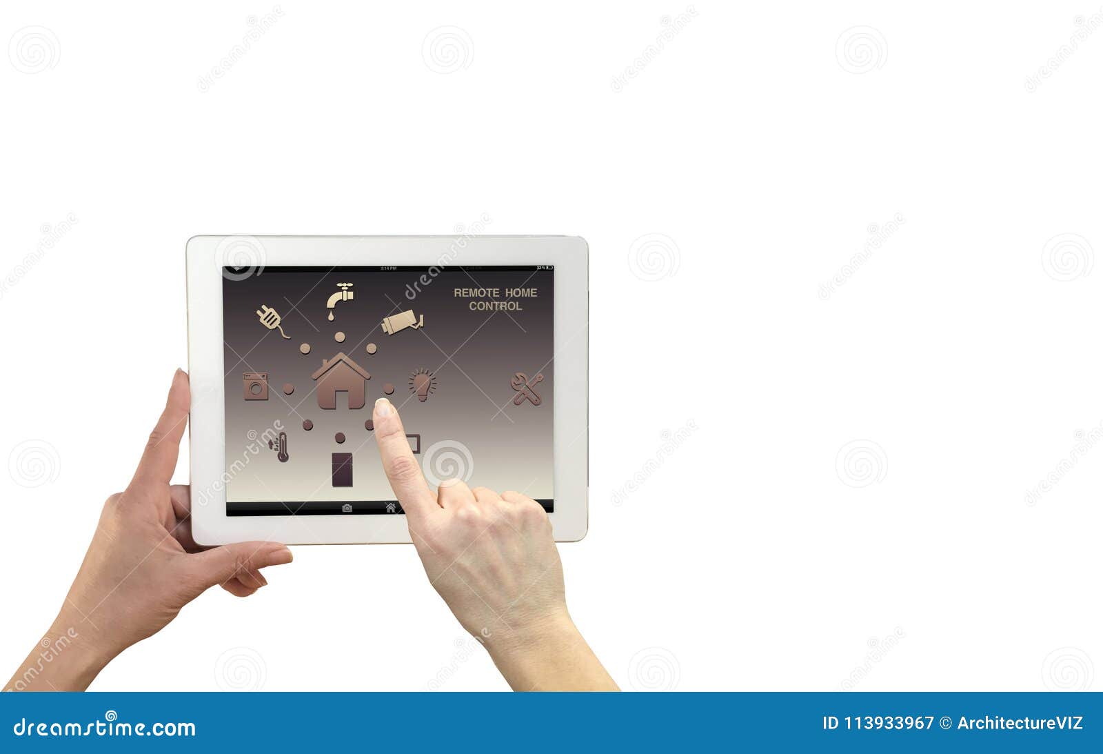 Smart Remote Home Control System on a Digital Tablet. Woman Hands ...