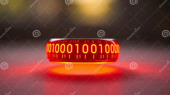 Smart Ring Displaying Binary Code, Glowing with Vibrant Red Orange ...