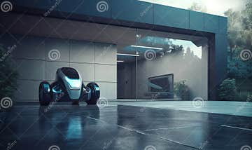 Smart Robot As Home Assistant with Artificial Intelligence on Modern Home Garage Background ...