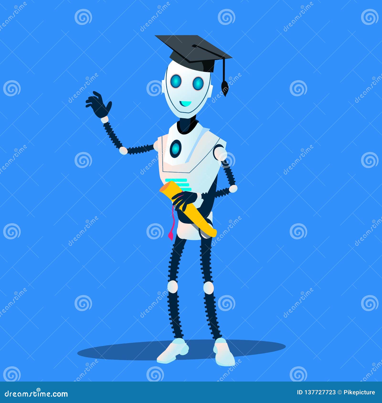 Smart Robot in Graduate Cap and Diploma in Hands Vector. Isolated ...