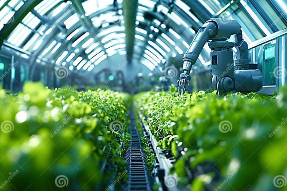 Smart Robotic Arm Taking Care of Plants in a Greenhouse Stock ...