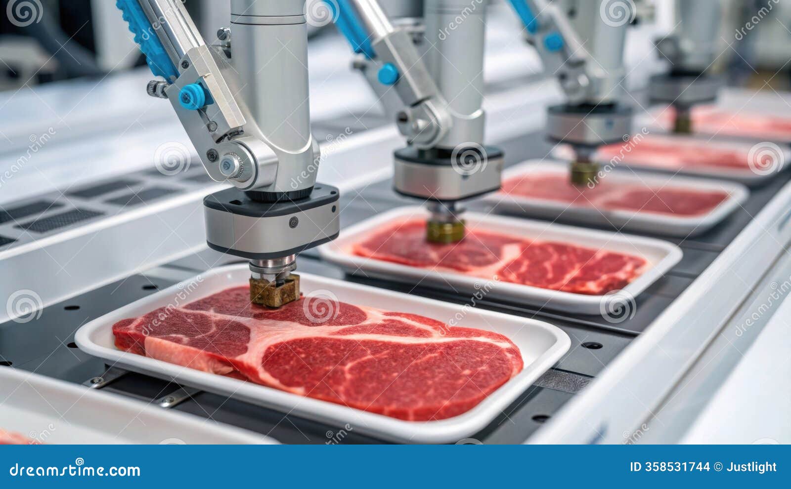 Robotic Arms Processing Meat on Production Line in Food Factory Stock ...