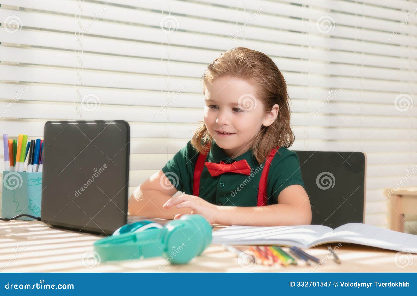 Smart School Boy at Home Writing Homework. Little Student with Notebook ...