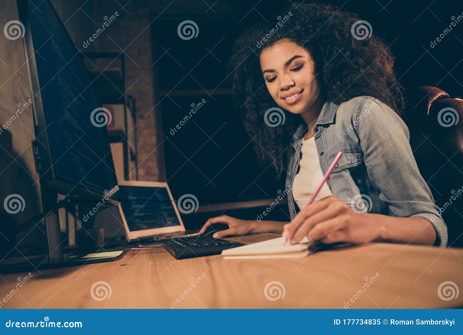 Smart Skilled Afro American Girl Professional Engineer Sit Evening Desk ...