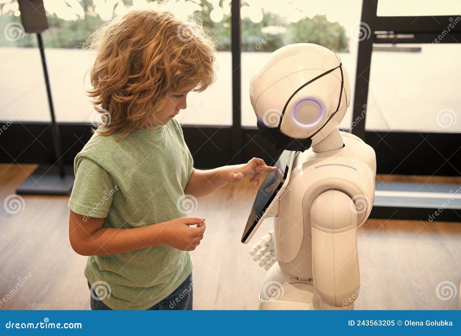 Smart Small Boy Communicate with Robot Assistant Technology for Modern ...