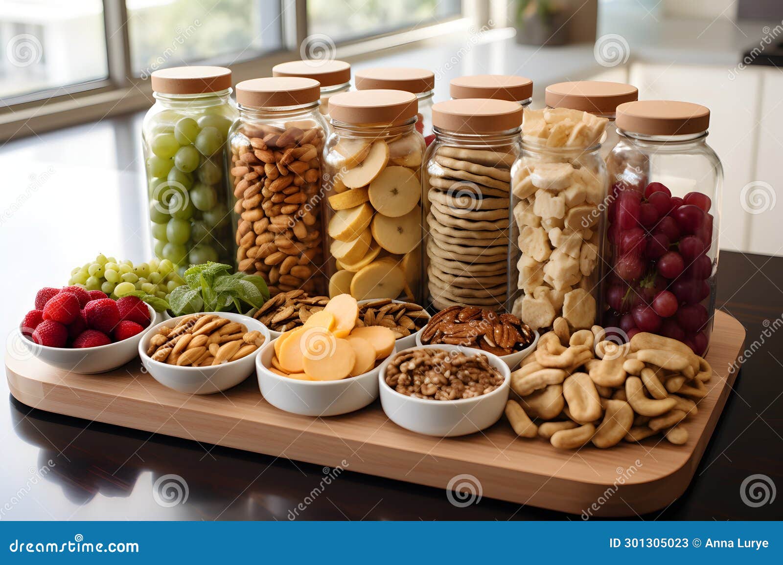 Smart Snacks Like Whole-grain Crackers, Nuts and Fruits Stocked in Jars ...