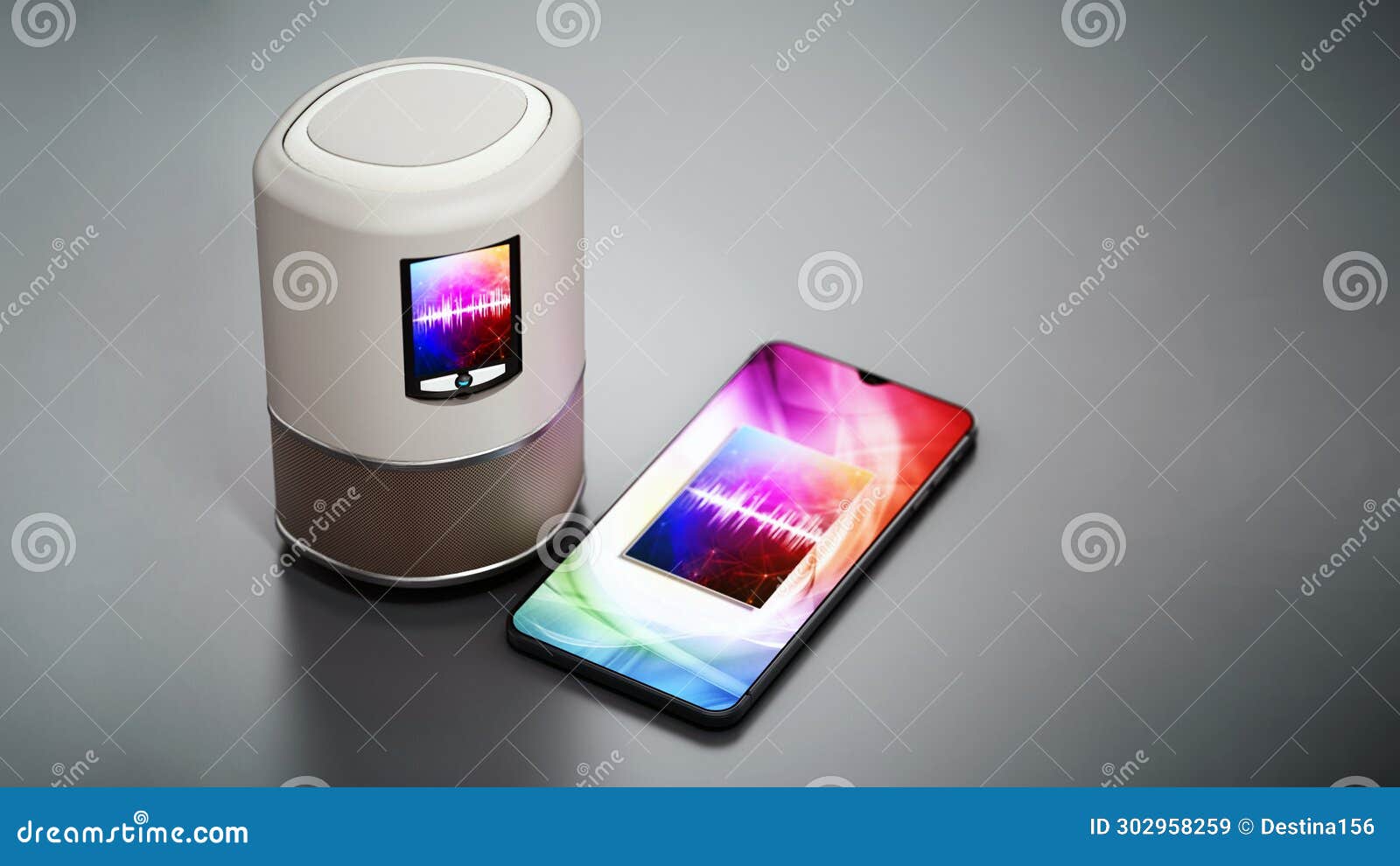 Smart Speaker with LCD Screen and Smartphone Playing Music. 3D ...