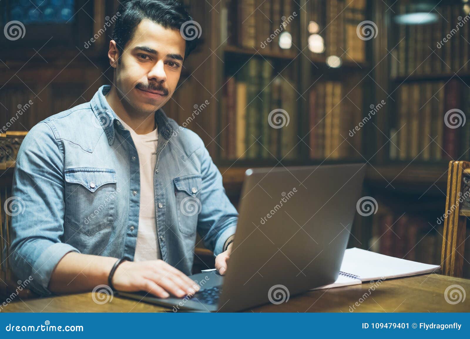 Smart Study Mood. Young Arabic Man Working in Library Stock Image ...
