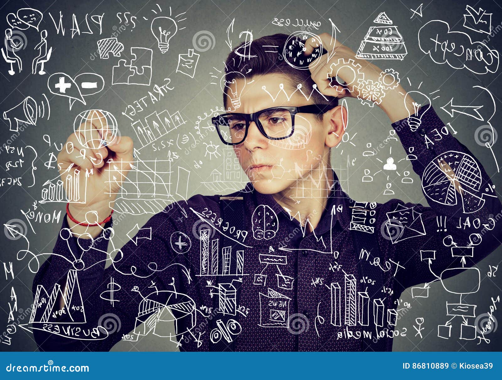 Smart Thoughtful Guy Writing Maths and Science Formulas on Blackboard ...