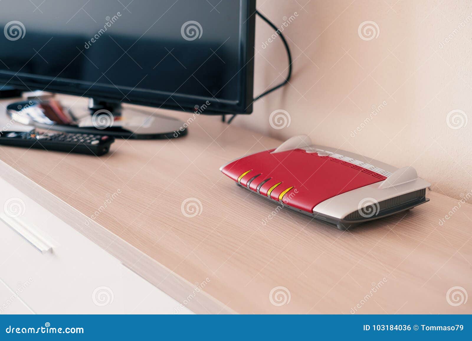 Internet Modem Sharing WiFi On A Brown Desk Royalty-Free Stock ...