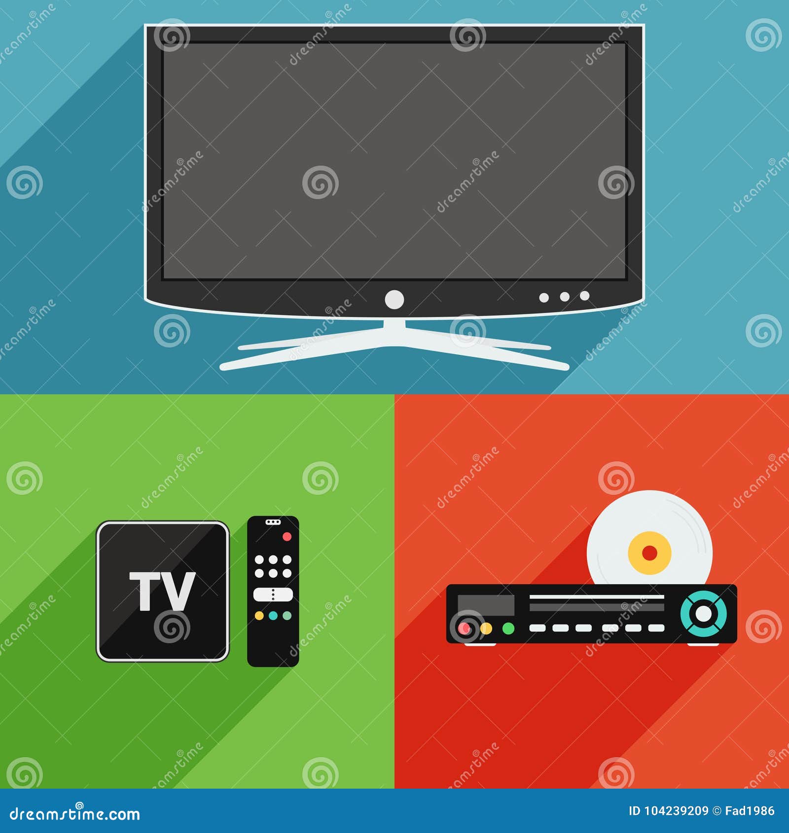Smart TV, DVD Player and TV Box Receiver Flat Design Long Shadow Icons ...