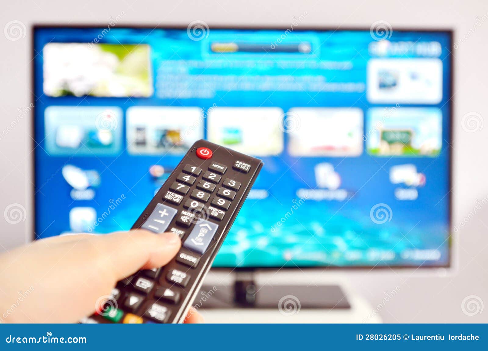 Smart Tv and Hand Pressing Remote Control Stock Image - Image of media ...