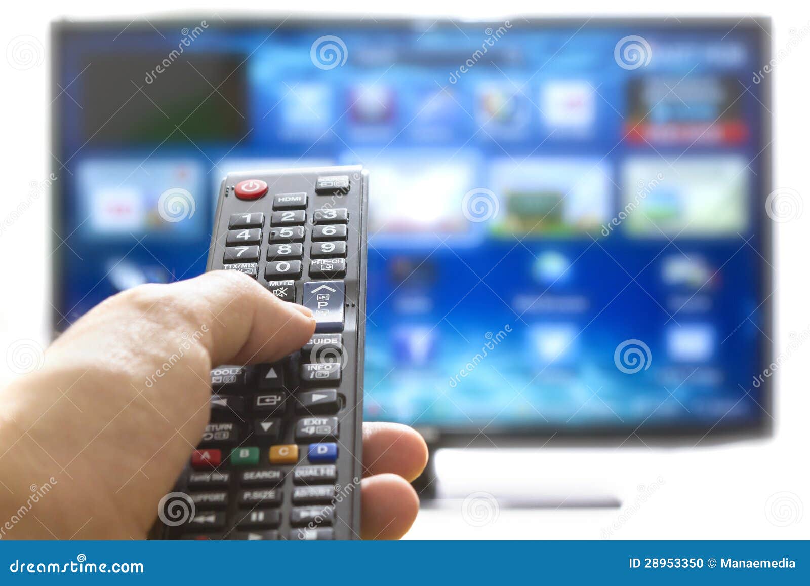 Smart Tv and Hand Pressing Remote Control Stock Photo - Image of ...