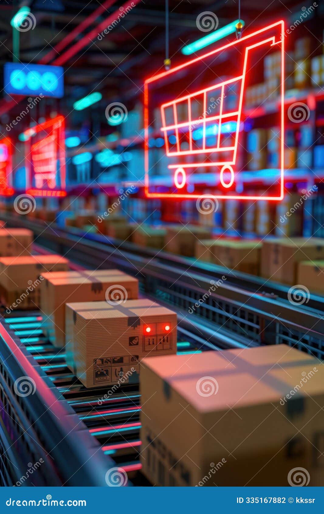 Smart Warehouse Logistic, a Neat Row of Boxes on a Moving Conveyor Belt ...