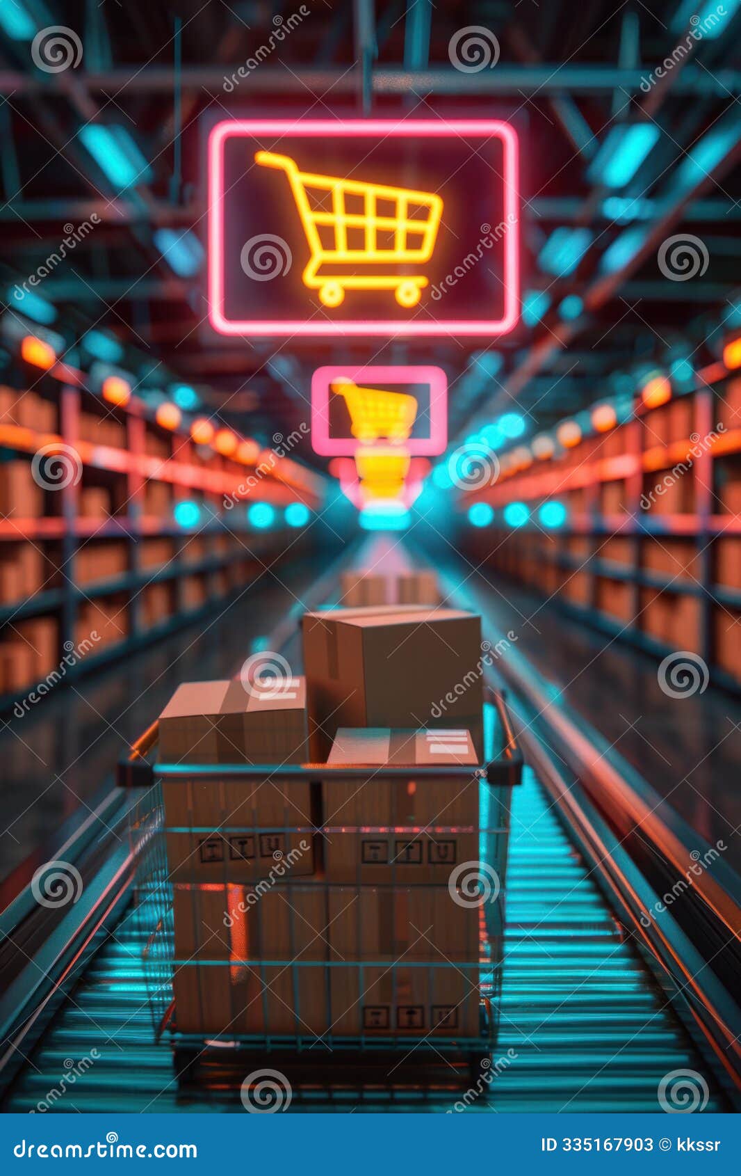 Smart Warehouse Logistic, a Neat Row of Boxes on a Moving Conveyor Belt ...
