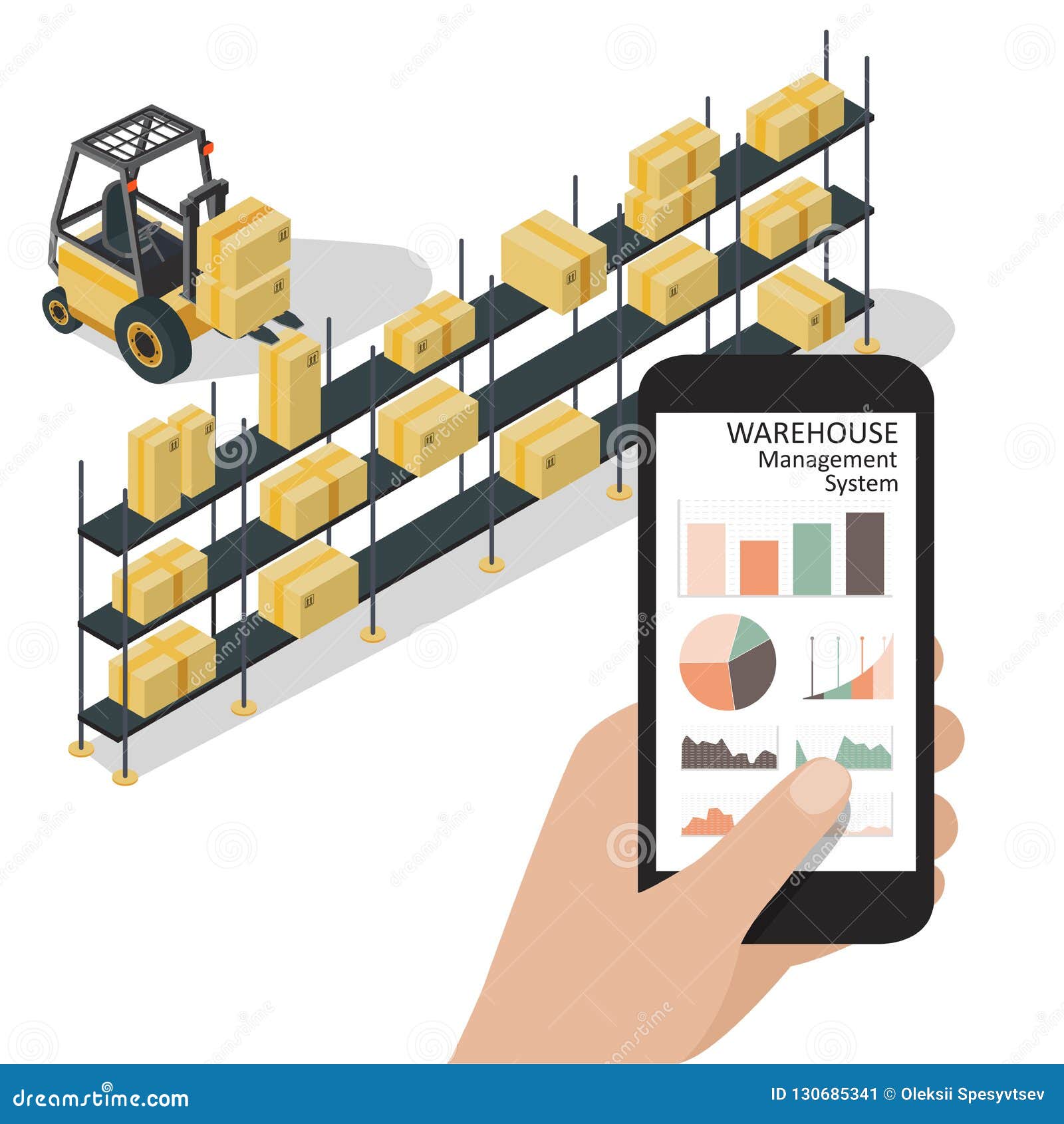 Smart Warehouse Management System App.Worker Hand Holding Phone with ...