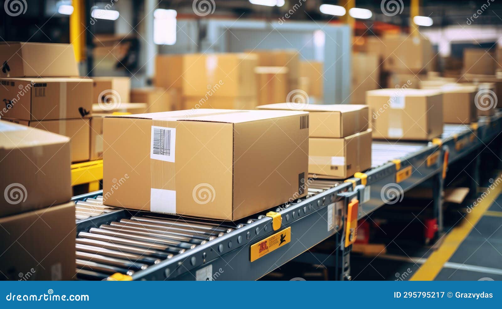 Smart Warehouse Management System Concept.Cardboard Boxes on Conveyor ...