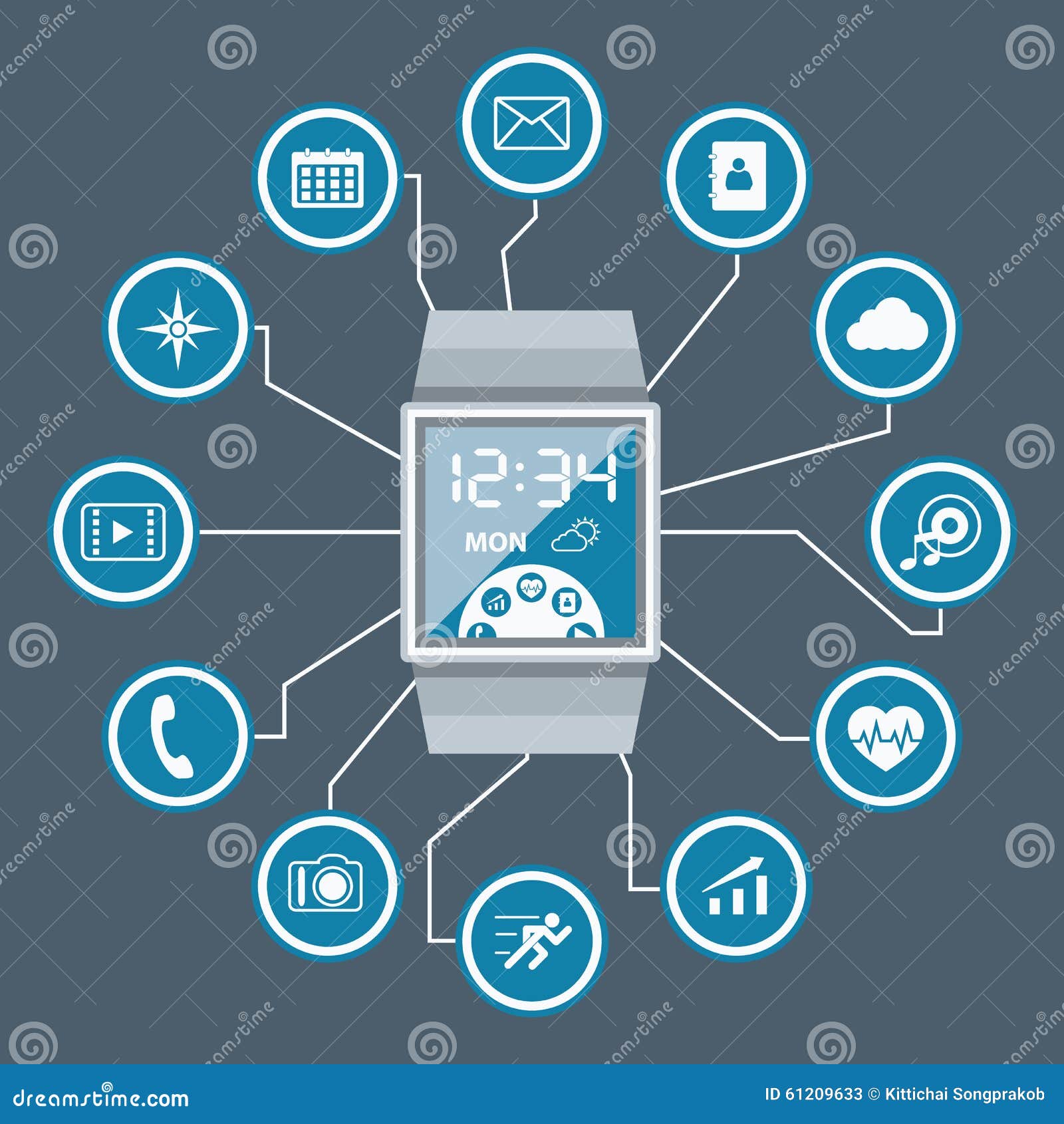 Smart Watch with Application Icons. Stock Vector - Illustration of sign ...