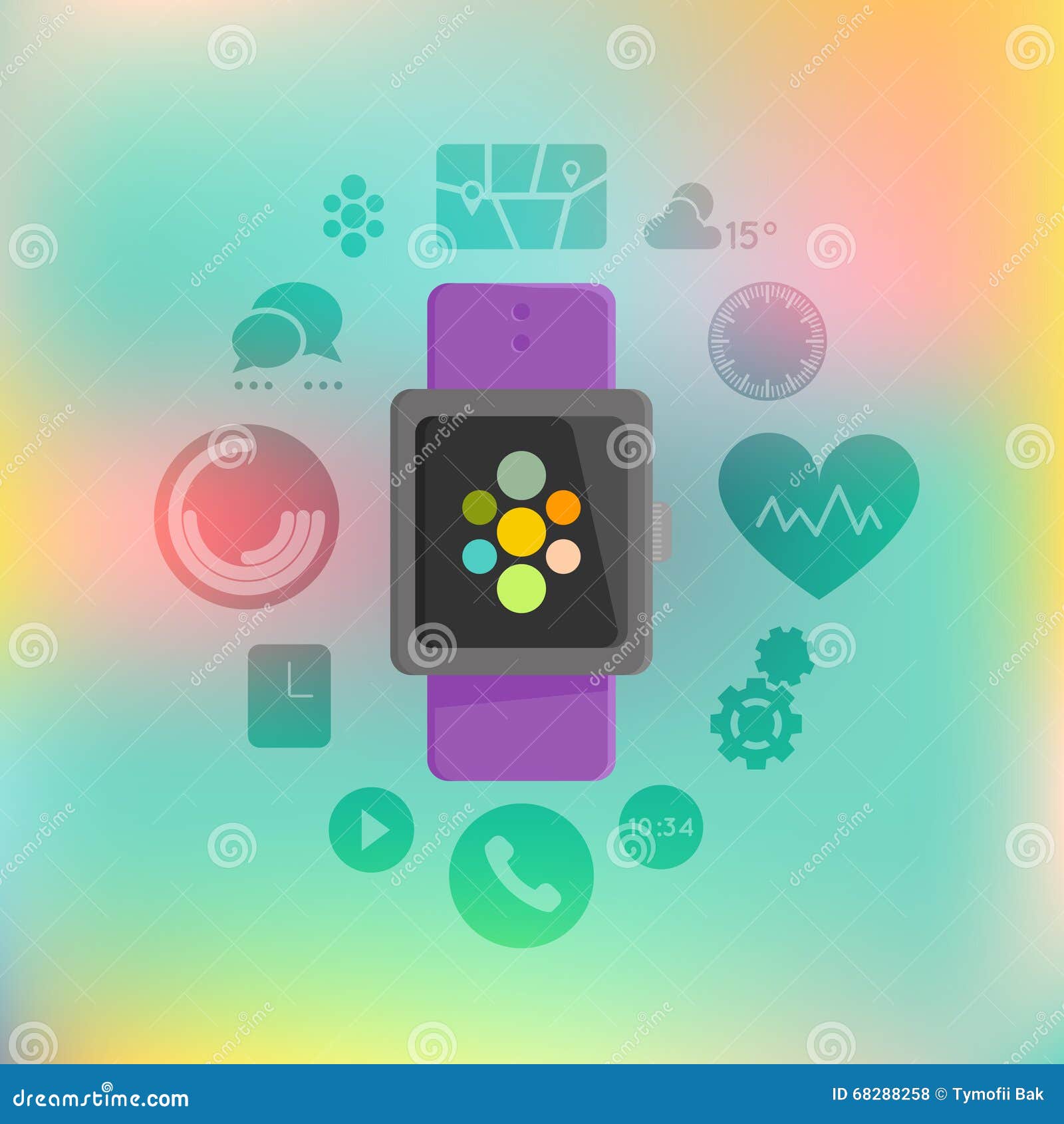 Smart Watch Concept with App Vector Icon Set Stock Vector ...