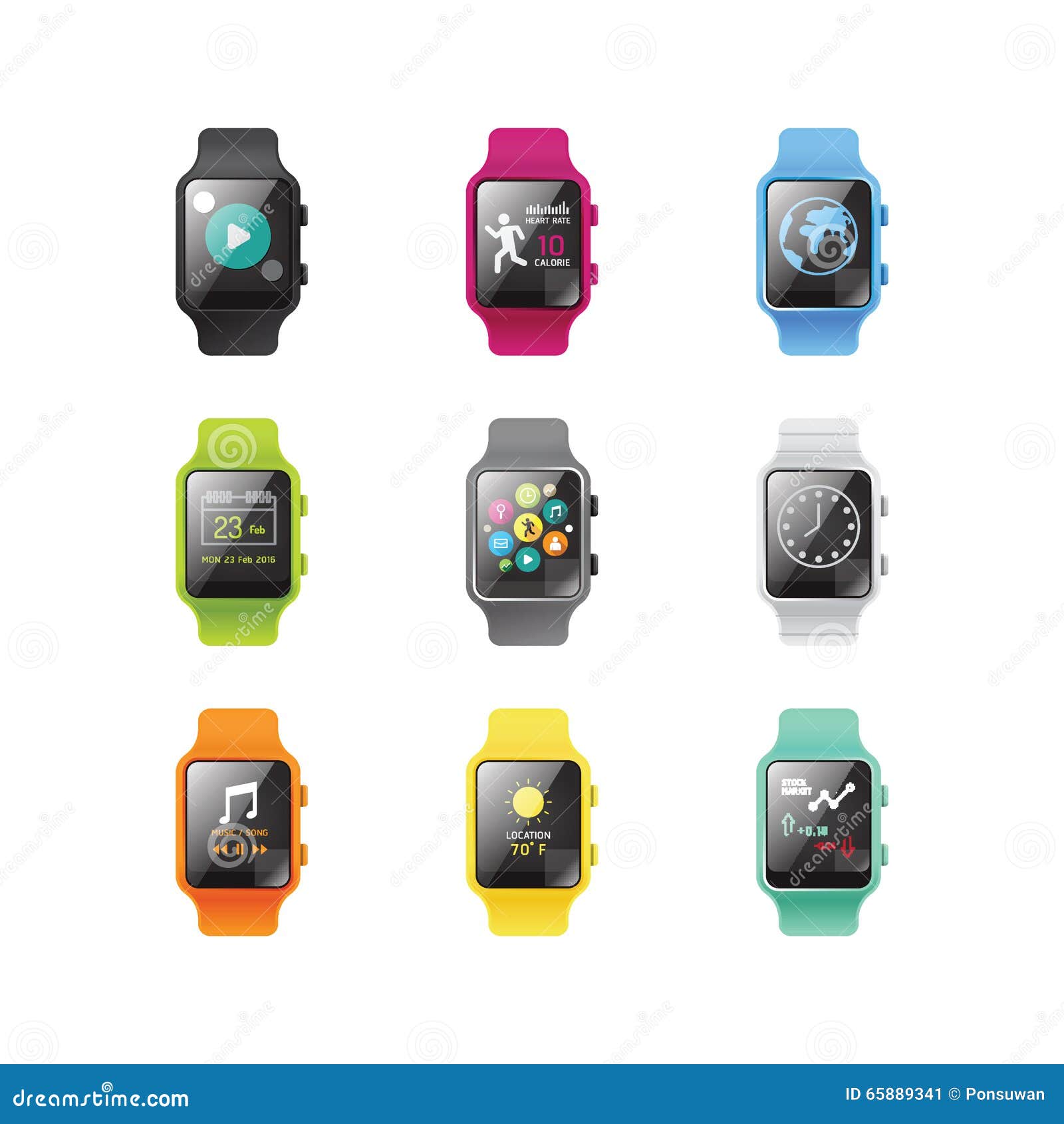 Smart Watch Isolated with Icons Full Color Concept. Vector Illustration ...