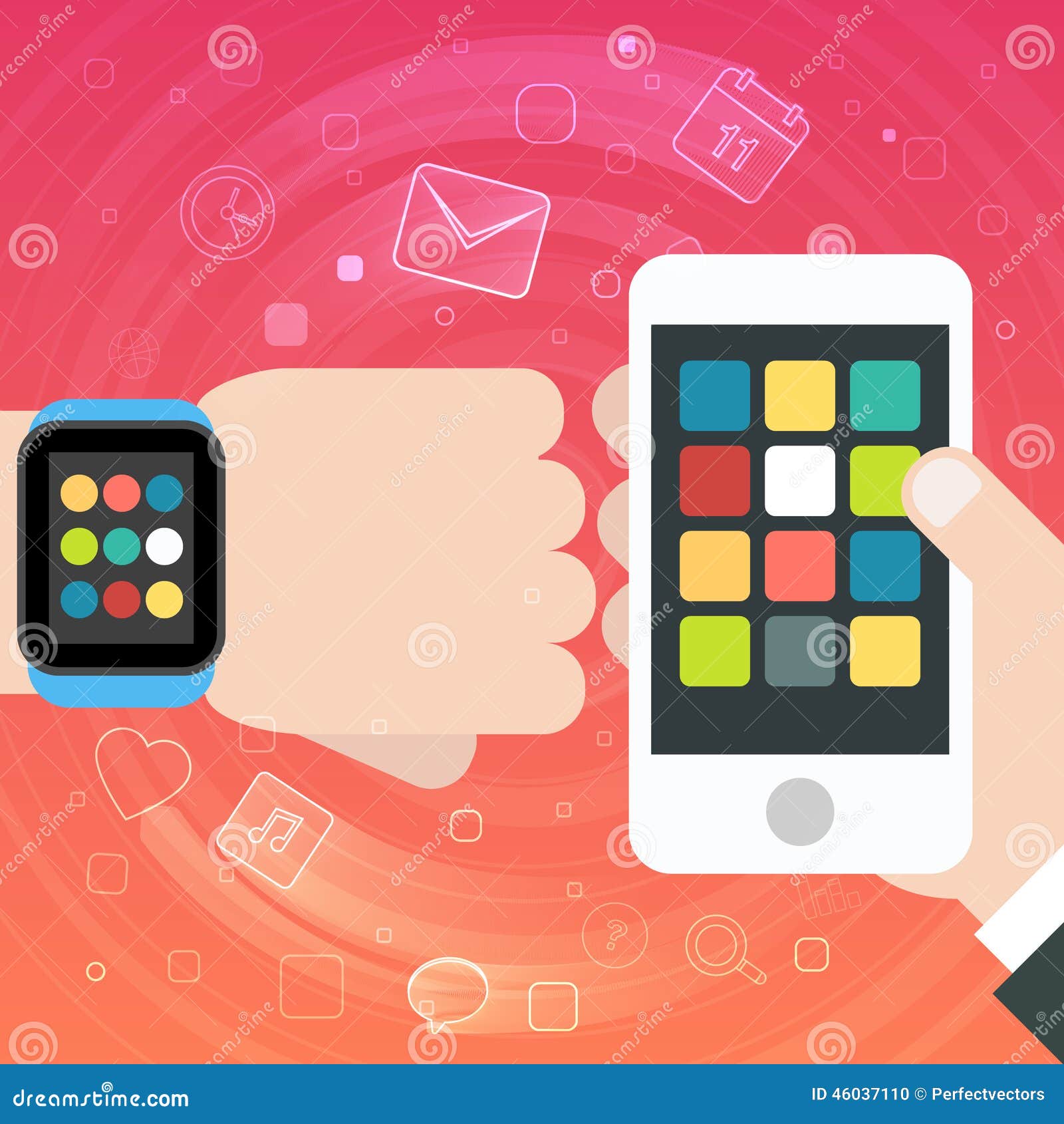 Smart Watch and Smartphone Synchro Concept with Mobile Apps Icons Stock ...