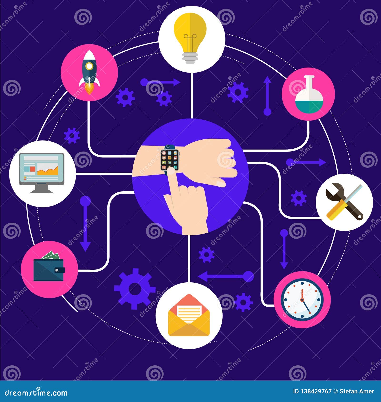 Smart Watch Technology Concept with Hands and Icons. Vector ...