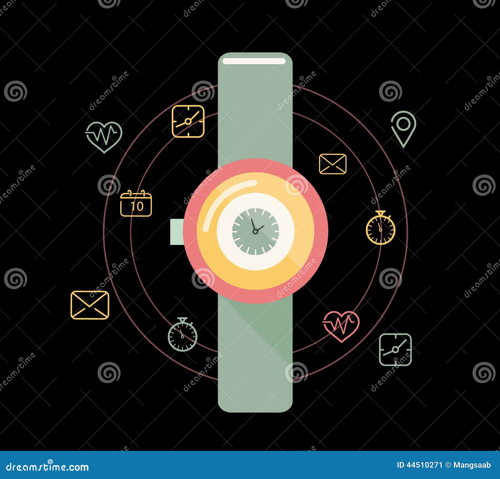 Smart Watch or Wearable on Hand Device with Feature Icons Set. Stock ...