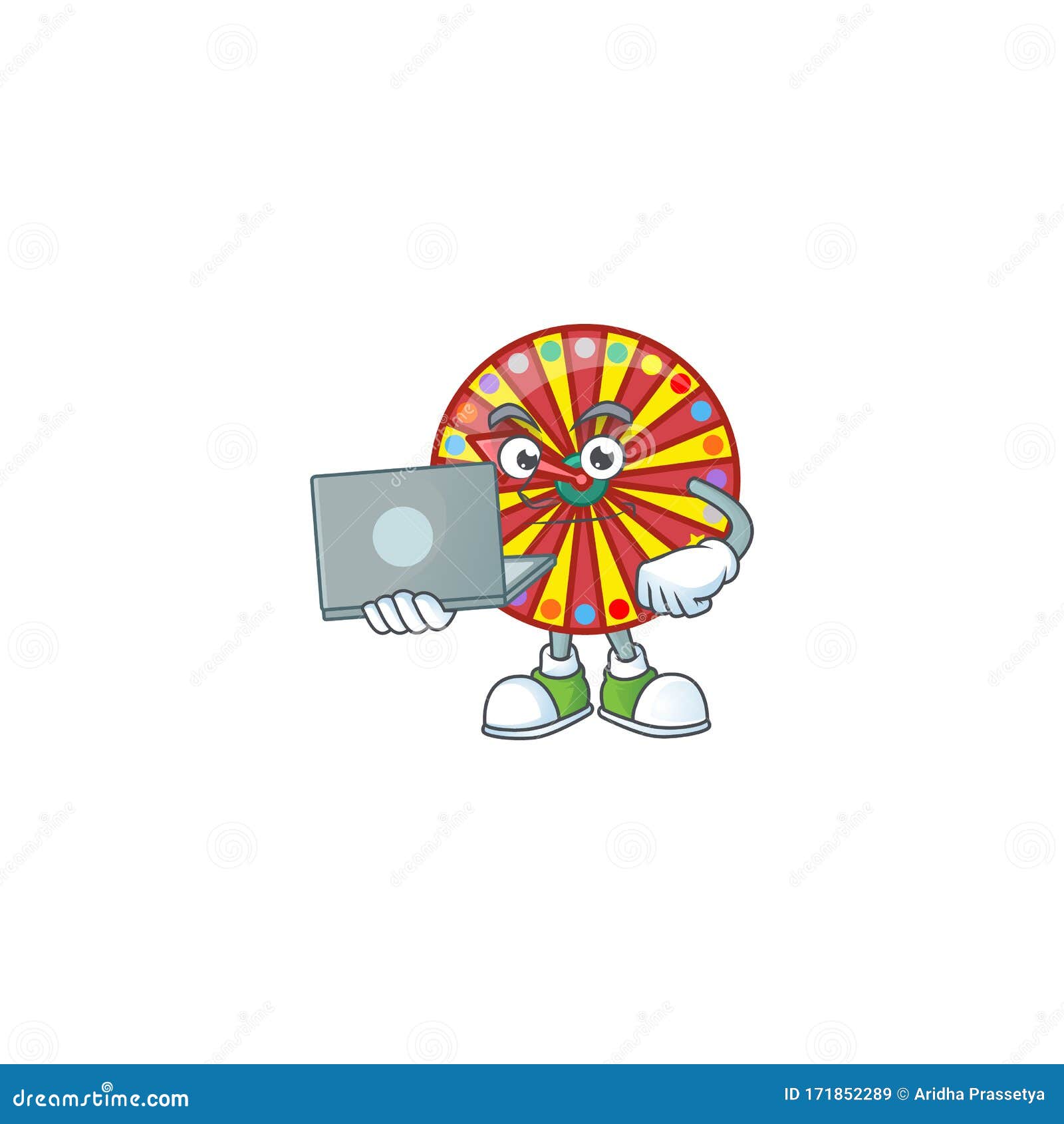 A Smart Wheel Fortune Mascot Icon Working with Laptop Stock Vector ...