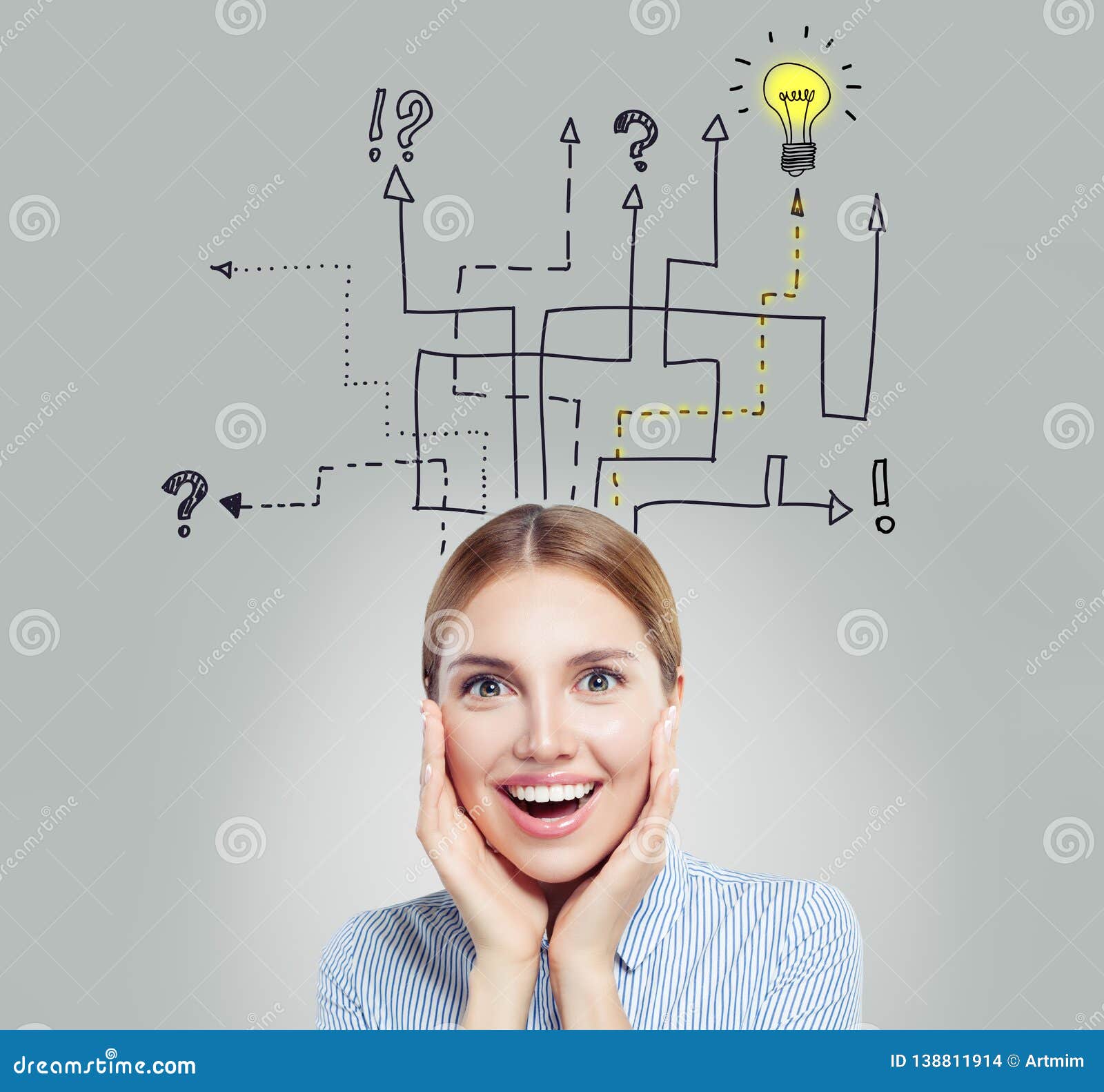 Smart Woman with Yellow Lightbulb. Brainstorm, Ideas, Problem and ...