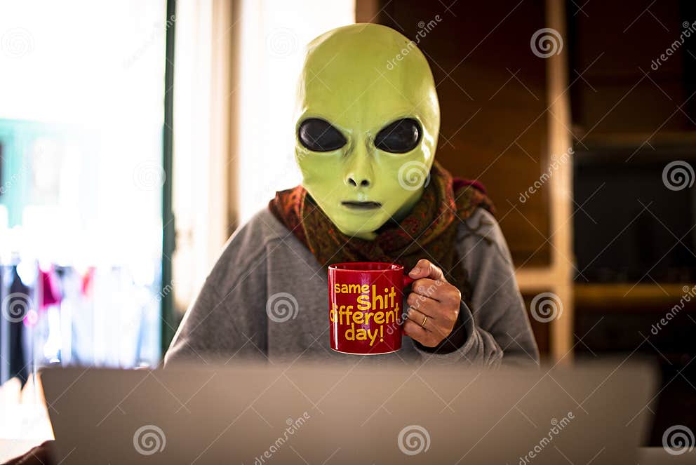 Smart Working. Alien at Work in the House Stock Image - Image of ...