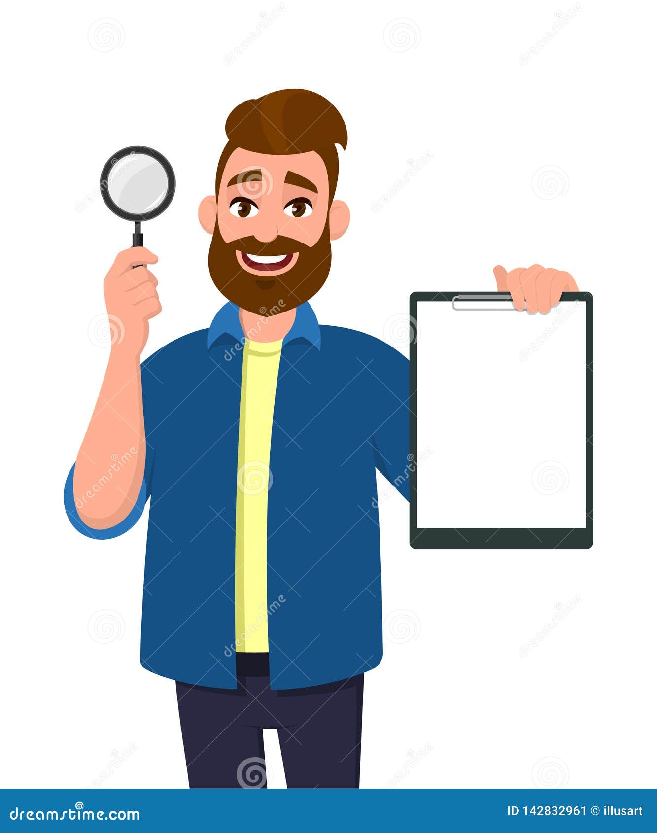 Smart Young Bearded Man Showing Holding Magnifying Glass And Blank Or