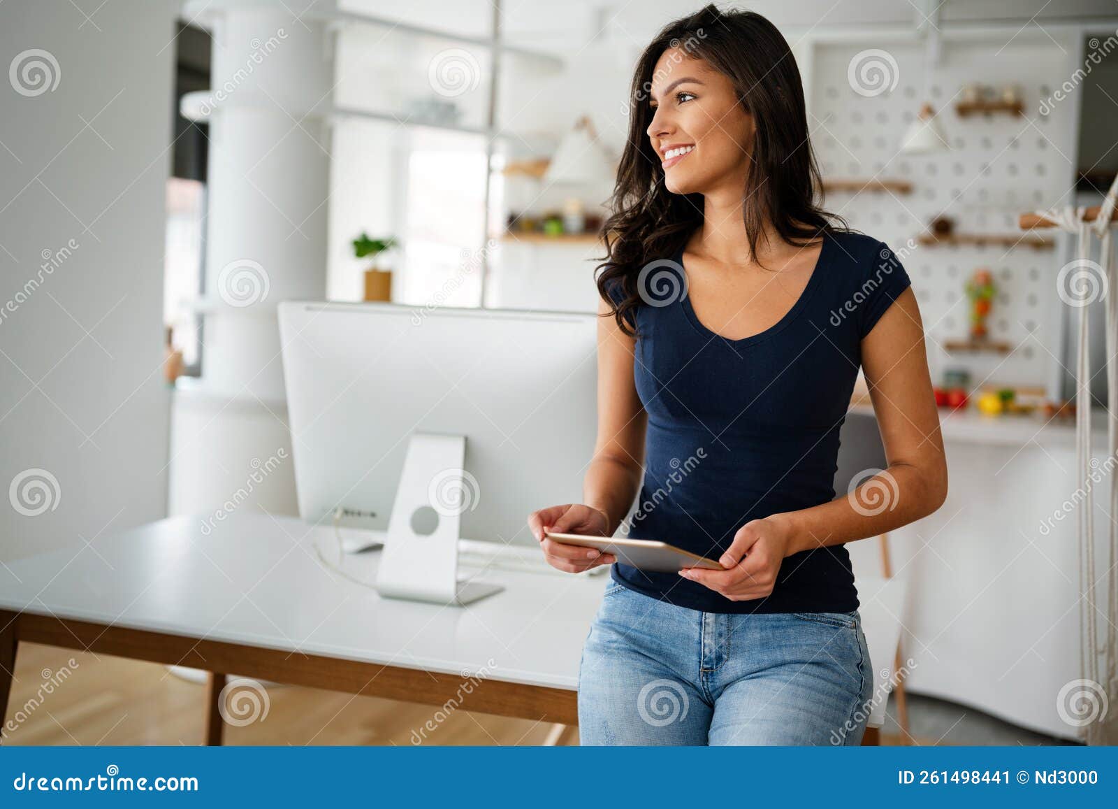 Happy Beautiful Woman Using, Working on Computer. Technology, People ...