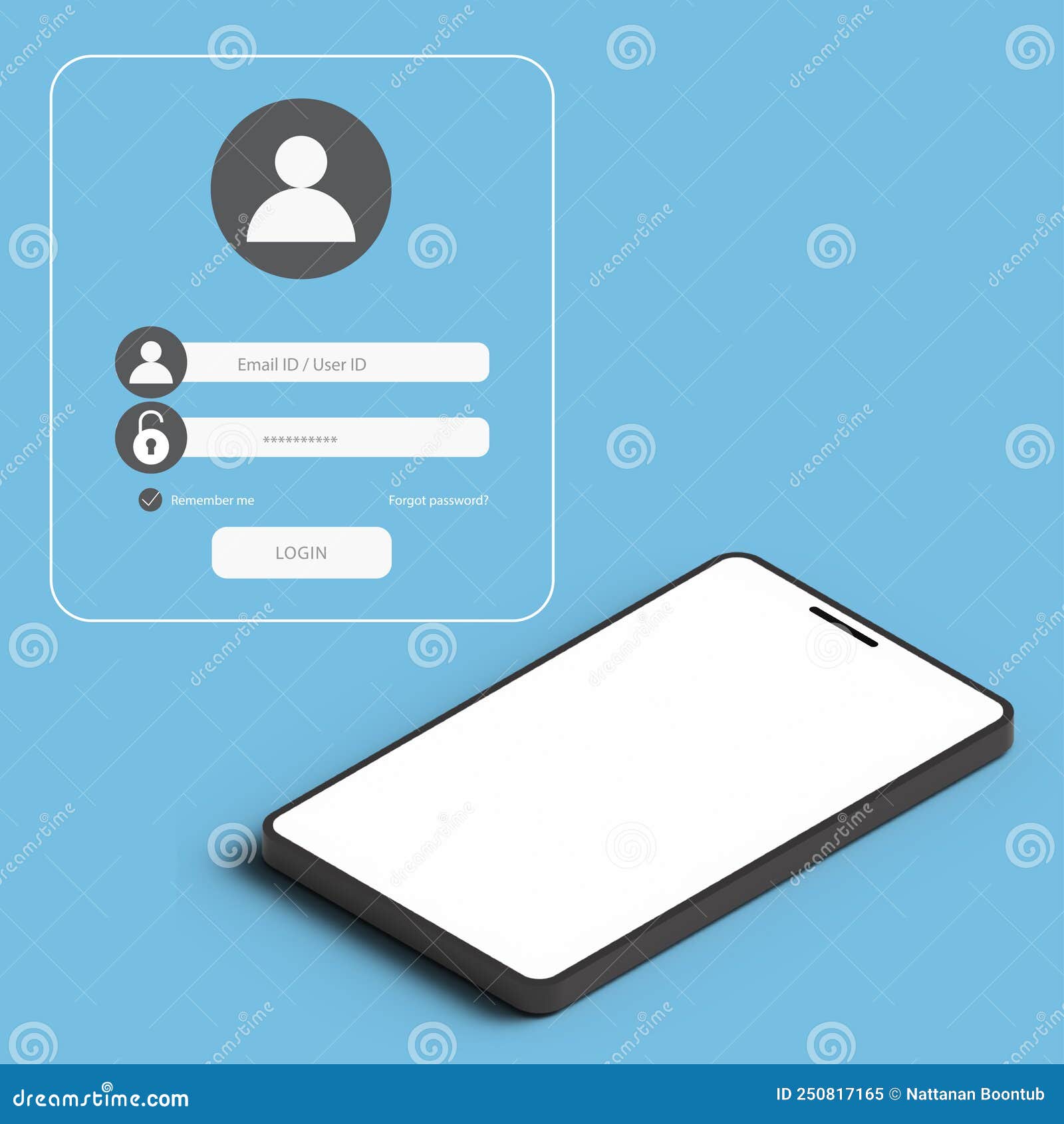 Smartphome 3D Model with Login Form on Blue Background Stock Vector ...
