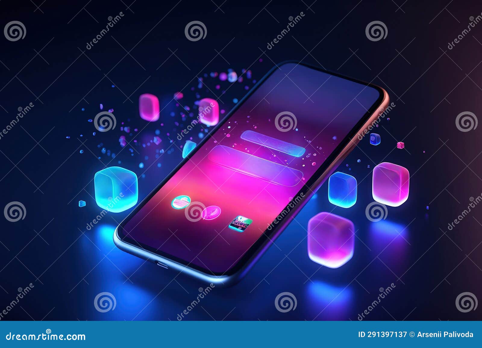 Smartphone on an Abstract Neon Background with App Interface on the ...