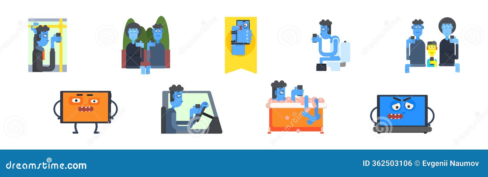 Smartphone Addiction And Bad Habit With Device Using Vector Set Stock ...